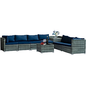 Pierybyt 8-Piece PE Rattan Wicker Outdoor Sectional Sofa Set, Modular Patio Furniture with Thickened Cushions, Hidden Storage & Conversation Patio Set with Glass Top Coffee Table (Gray-Blue)
