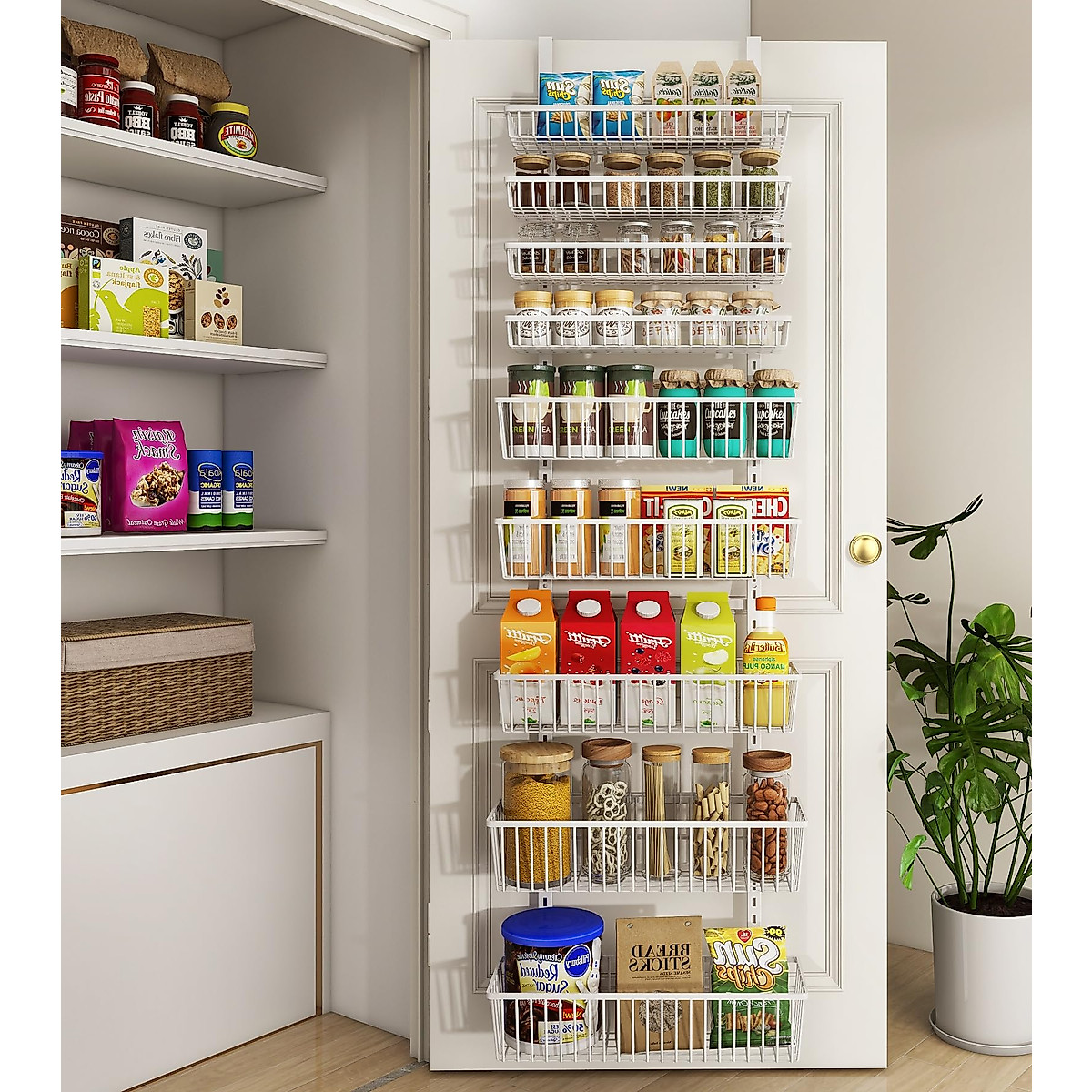 Mefirt White 9-Tier Over The Door Pantry Organizer, Pantry Organization and Storage, Deep Baskets Hanging Heavy-Duty Metal, Wall Spice Rack Seasoning Shelves for Home & Kitchen, Laundry Room Bathroom