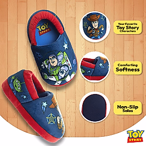 Disney Toy Story Slippers - Buzz Lightyear and Sheriff Woody Fuzzy PJ House Shoes - Boys Pajama Indoor Warm Slipper - Navy Blue/Red (size 9-10 Toddler)