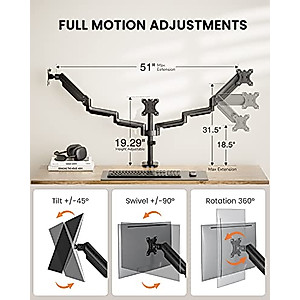 ErGear Triple Monitor Mount for Desk, 3 Monitor Stand with Gas Spring Adjustable Monitor Arm Fit Three Screens 13 to 27 inch Flat/Curved LCD Computer Screens Holds Max 17.6lbs with Clamp