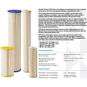 Pentair Pentek ECP20-20BB Big Blue Sediment Water Filter, 20-Inch, Whole House Heavy Duty Pleated Cellulose Polyester Replacement Cartridge, 20" x 4.5", Blue End-Cap, 20 Micron, Pack of 6