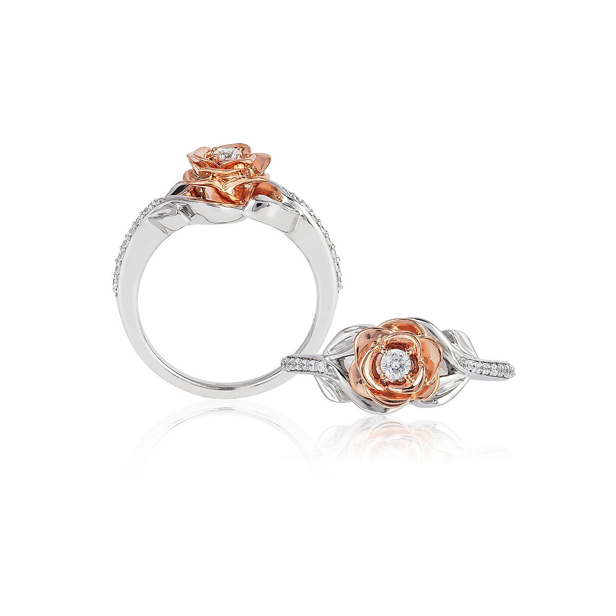 Jewelili Enchanted Disney Fine Jewelry 10K White Gold and Rose Gold 1/5 Cttw Diamond Belle Rose Ring