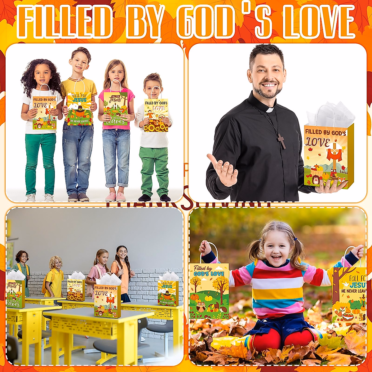 Motiskyy 30 Pcs Thanksgiving Day Gift Bags Religious Paper Bags with Handles Fall Gift Bags Fall Christian Jesus Treat Gift Bag for Harvest Party VBS Church Supplies Decoration, 8.3 x 5.9 x 3.2 Inch