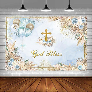 AIBIIN 7x5ft Boho God Bless Baptism Backdrop for Boys Holy Communion Party Decorations Photography Background Blue Marble Floral Christening Ceremony Newborn Baby Shower Banner Photoshoot Props