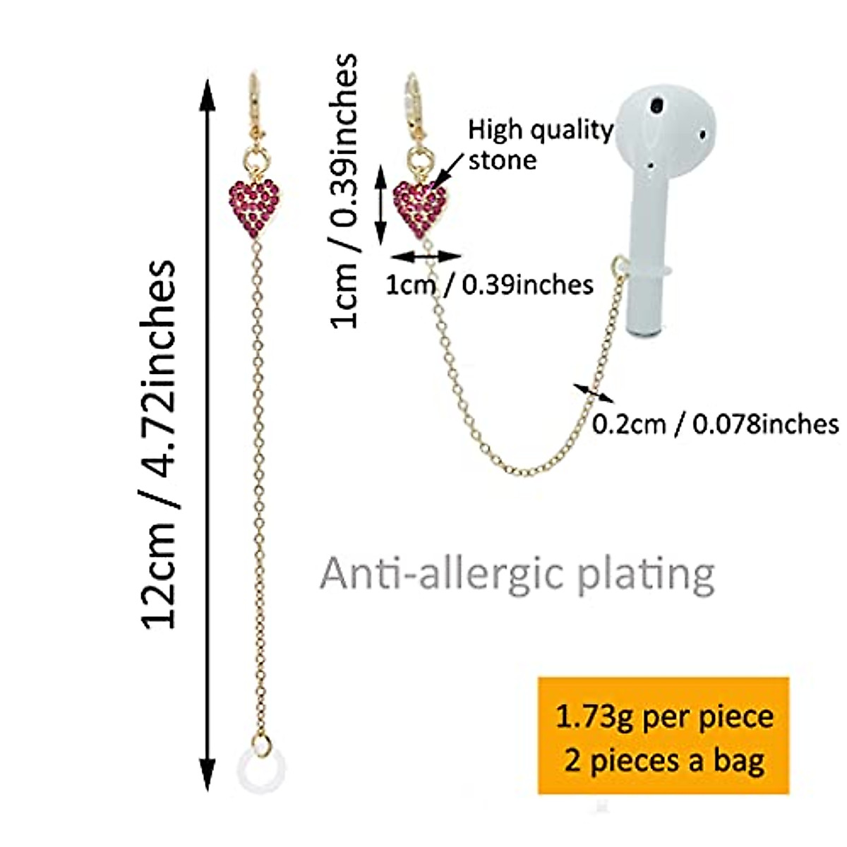 Pink Diamond Heart Airpod Earrings Anti Lost Earring Strap for Airpods Anti Lost Strap for Airpods Pro, Wireless Earhooks Earbuds Earphone Holder Connector, Compatible with Airpods 1&2&3/Pro