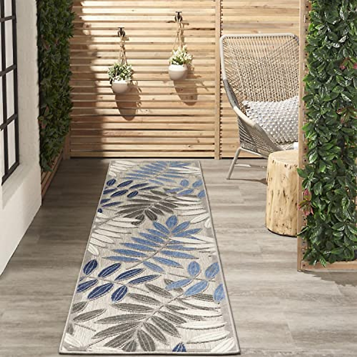 Nourison Aloha Indoor/Outdoor Grey/Blue 2' x 6' Area -Rug, Tropical, Botanical, Easy -Cleaning, Non Shedding, Bed Room, Living Room, Deck, Backyard, (6' x Runner)