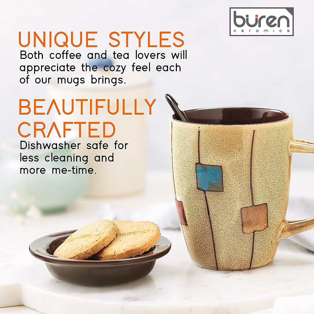 12 Piece Coffee Mugs Set of 4 - Ceramic Coffee Cups With Saucers and Spoons in Handle, Microwave and Dishwasher Safe - Great for Gifting