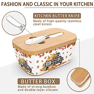 Thanksgiving Decorations Indoor Butter Dish with Lid&Knife, Thanksgiving Gifts for Women Farmhouse Fall Truck Large Ceramic Butter Dishes for Counter, Butter Keeper with Thick Acacia Wood Lid