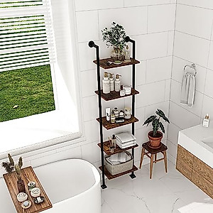 Axeman 5-Tier Ladder Shelf, Tall Narrow Bookcase for Small Spaces, Book Storage Organizer Case for Living Room, Home Office, Study, Industrial Style Black Metal Frame and Rustic Brown Shelf