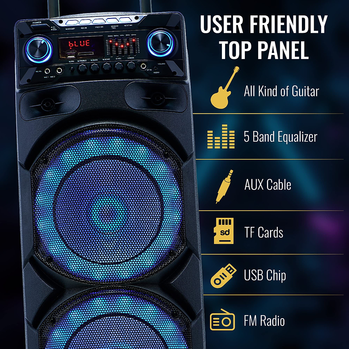 QAISE Portable PA System with Wireless Mic - Bluetooth Party Boombox Speaker & Karaoke Machine with Lights, Dual 10” Subwoofer, X-Bass & 8000 Watts Peak Power - SonicBoomer X-Dix