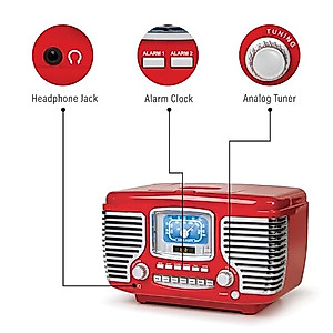 Crosley CR612B-RE Corsair Tabletop AM/FM Bluetooth Radio with CD Player and Dual Alarm Clock, Red