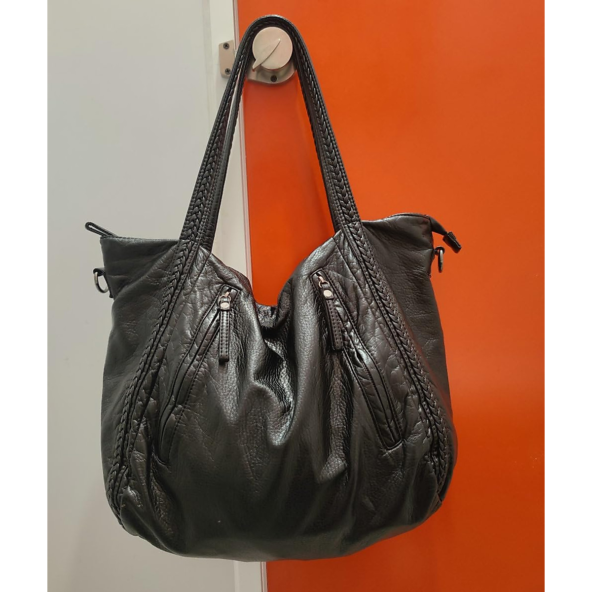 Extra Large Purses for Women Oversized Slouchy Bag Black Handbag Women Multi-pockets Hobo Tote Soft Faux Leather Braided Shoulder Pocketbooks-Black