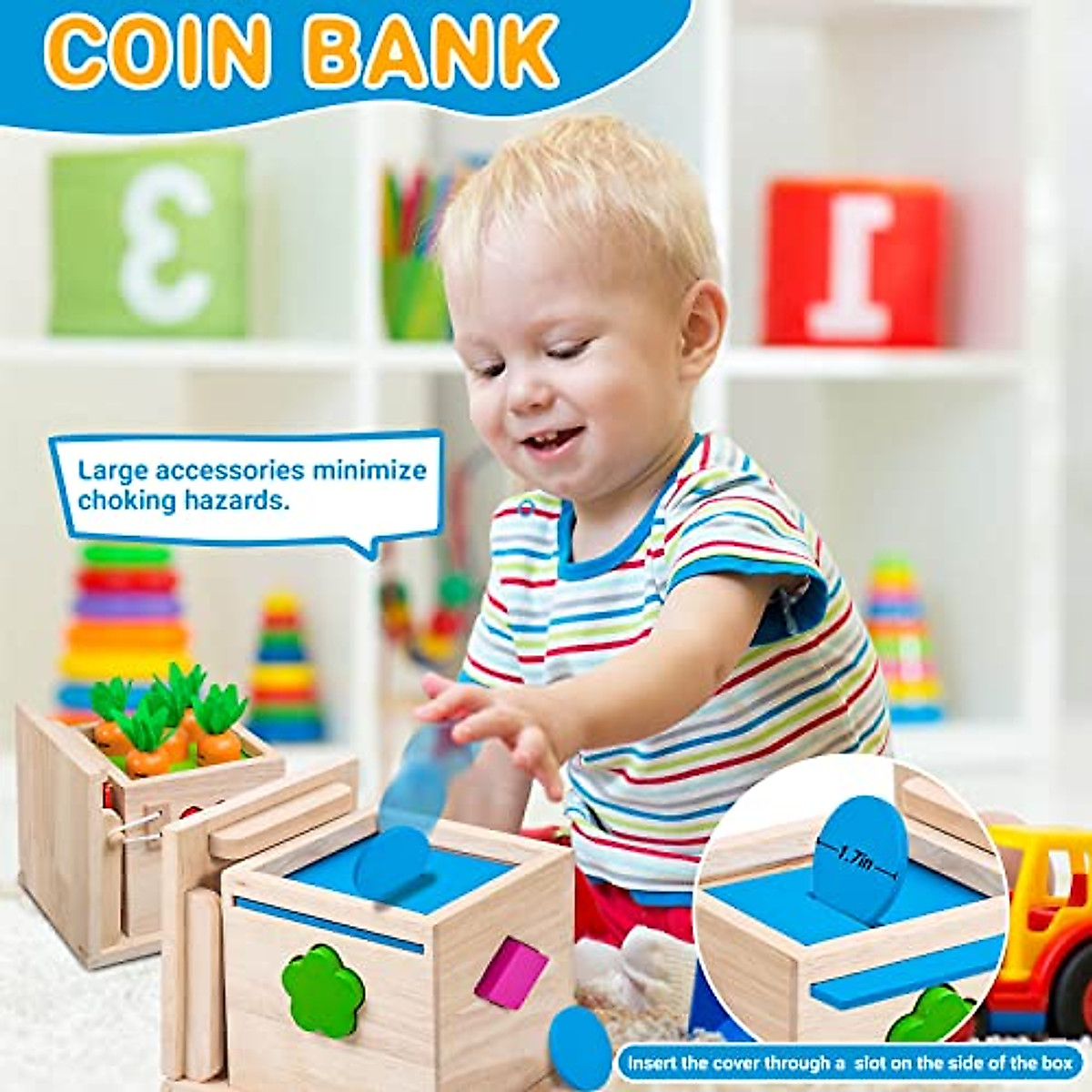 6-in-1 Wooden Play Kit Montessori Toy, Object Permanence Box, Coin Box, Carrot Harvest, Catch Worm, Shape Sorter - Toddler Learning Toy for Kid Age 1, 2, 3 Year Old, Girl boy Gift for Baby 6-12 Month