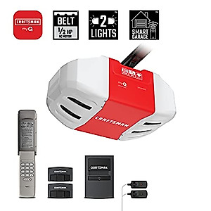 Craftsman 1/2 HP Smart myQ Smartphone Controlled-Belt Drive, Wireless Keypad Included, Model CMXEOCG572, Red Garage Door Opener