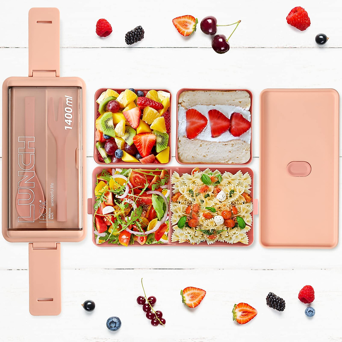 CHZZMS 2 Pack Bento Box Adult Lunch Box,49OZ Leakproof Eco-Friendly Stackable Bento Lunch Box Meal Prep for Dining Out, Work, Picnic, School (green+pink)