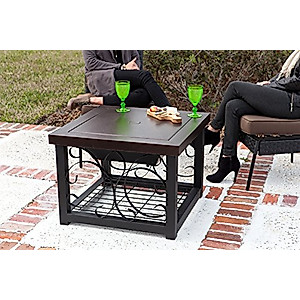 Fire Sense 61331 Fire Pit Cocktail Square Table Wood Burning Steel Mesh Spark Screen Wood Grate Screen Lift Steel Firepit with Log Storage Rack - Hammer Tone Bronze Finish