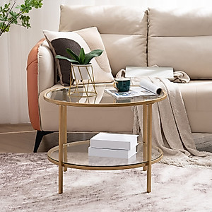 VINGLI 25.6" Round Gold Coffee Tables for Living Room, 2-Tier Glass Top Coffee Table with Storage Clear Coffee, Simple & Modern Center Table for Small Space