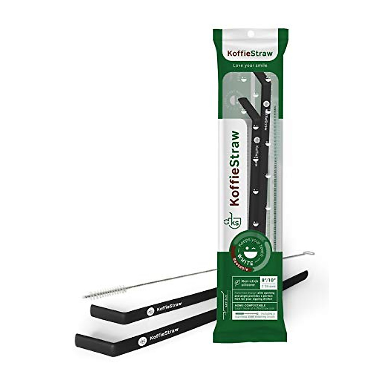 KoffieStraw Reusable Straws | 2-Pack Straws with Stainless Steel Cleaning Brushes | Long Lasting & BPA-Free Standard Size Straws for Coffee, Tea, Milk, Cold and Hot Drink | Black - 8", 10"