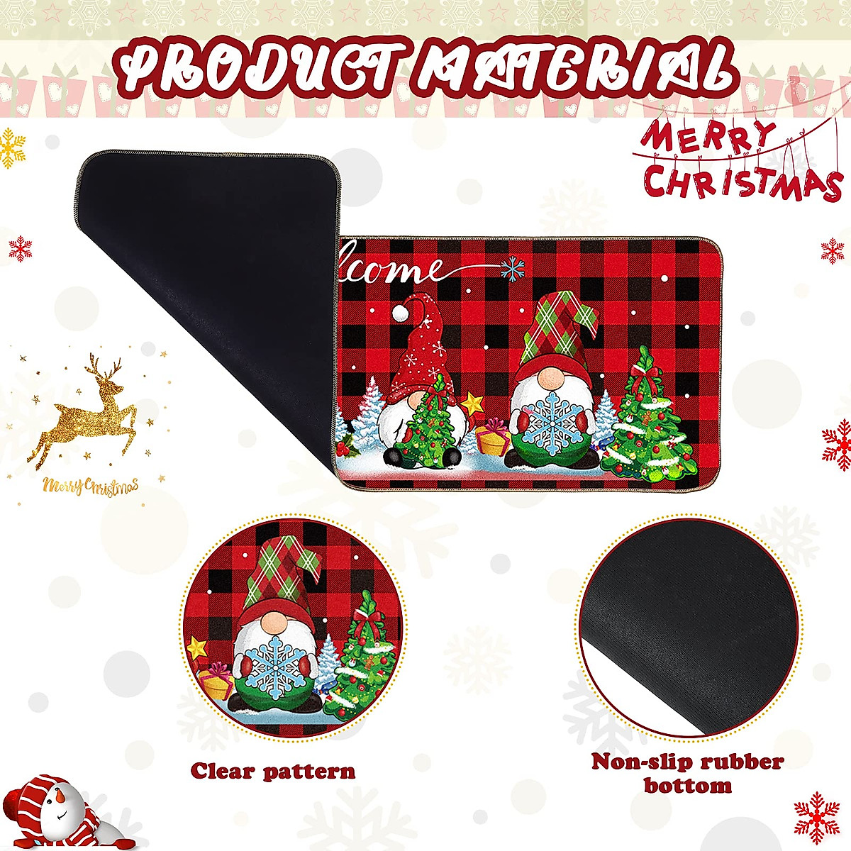 Christmas Kitchen Rugs Set of 2 Xmas Kitchen Mats Merry Christmas Mats Red Black Buffalo Plaid Doormat Christmas Non Slip Backing Floor Mat Xmas Door Mat for Home Kitchen Door Bathroom (Gnome)