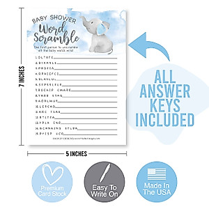Hadley Designs Blue Elephant Baby Shower Games for Boys - 2 Games Double Sided, 25 Word Scramble for Baby Shower Ideas, 25 True Or False Baby Shower Game, Fun Baby Shower Games, Party Supplies