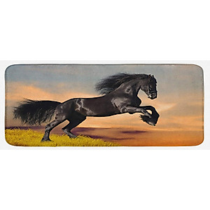 Lunarable Horse Kitchen Mat, Western Wildlife Theme Friesian Horse Galloping Idyllic Sunset Scenery Pasture Nature, Plush Decorative Kitchen Mat with Non Slip Backing, 47" X 19", Multicolor