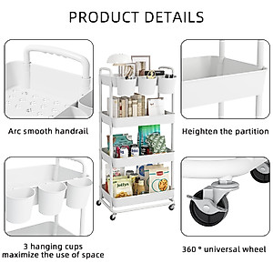 JIUYOTREE 4-Tier Plastic Rolling Storage Cart Utility Cart with Extra Hanging Cups Handles Lockable Wheels for Living Room Bathroom Kitchen Office White