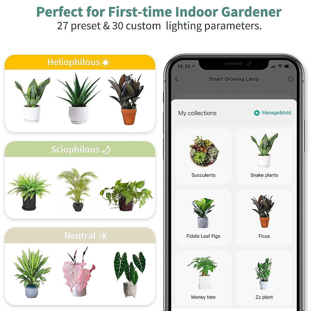 Diivoo Smart Grow Light for Indoor Plants, Full Spectrum Grow Lamp with Stepless Dimming, Bluetooth LED Plant Lights for Home, 360 Spin Gooseneck and Height Adjustable, Automatic Timer