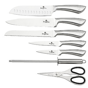 Berlinger Haus Stainless Steel Bread Box for Kitchen Countertop and Kitchen Knife Set with Block 8 Piece, Silver