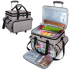 Teamoy Yarn Bag Organizer on Wheels, Rolling Knitting Bag with Wheels for WIP, Crochet Hooks, Knitting Needles and Supplies(No Accessories Included), Gray Dots