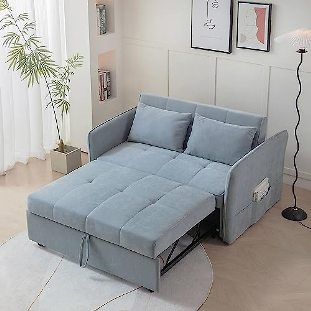 COULDWILL Convertible Sleeper Sofa Bed 3 in 1 Loveseat Couch Linen Small Sofa with Pull-Out Bed, Adjustable Backrest and Side Pockets for Living Room, Bedroom, Studio(Grey)