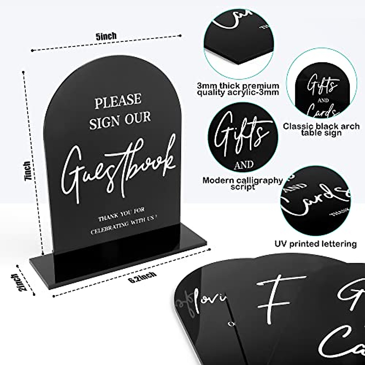 4pcs Acrylic Wedding Signs for Ceremony and Reception, 5x7 Inch Wedding Gift Table Sign, Guest Book Sign, Cards and Gifts Sign, In loving Memory Sign, Favors Please Take One, Wedding Entrance Signs with Holder (Modern Black Acrylic)
