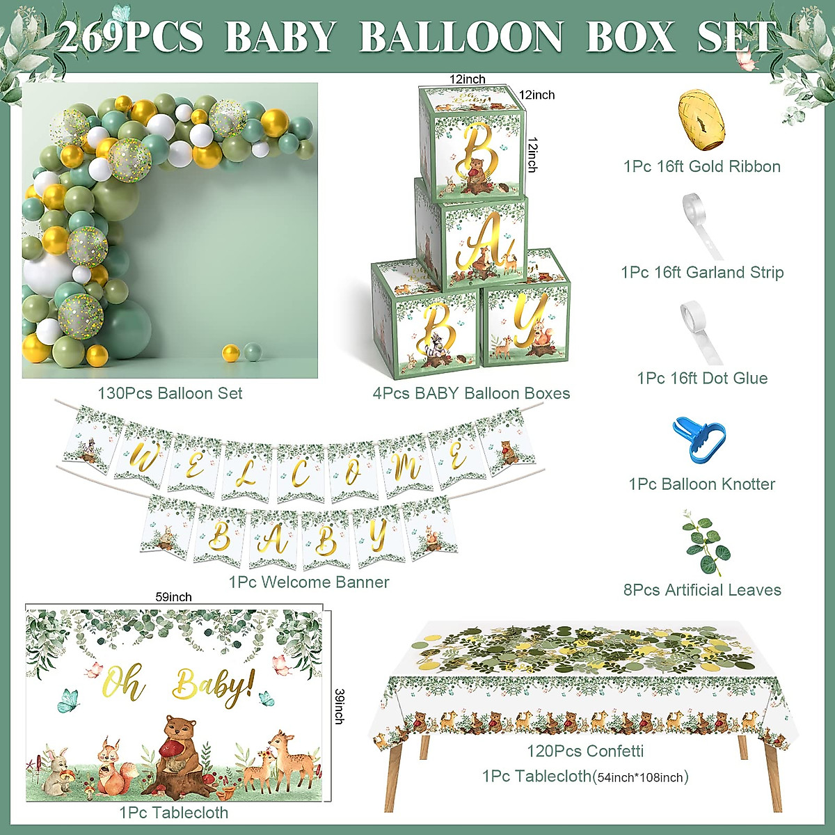 269 PC Sage Green Baby Shower Decorations, Gender Neutral Baby Shower Decorations Includes Baby Balloon Box Backdrop Tablecloth Banner Garland Kit Confetti, Greenery Woodland Baby Shower Decorations