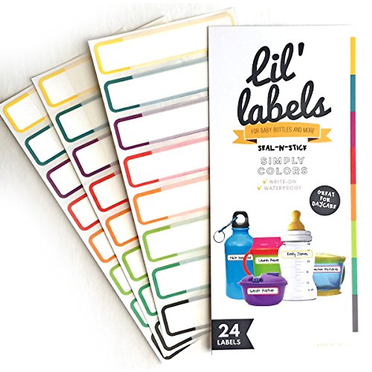 Bottle Labels, Food Pantry Label, Write-On, Self-Laminating, Waterproof Kids Name Labels for Baby Bottles for Daycare School, Dishwasher, Freezer, Kitchen Safe (Simply Colors - Rainbow Inspired))