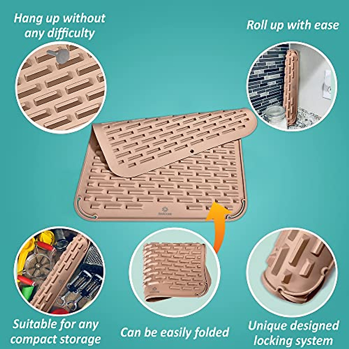 STARCONE Silicone Dish Drying Mat- Large Pastel Soft Brown/Tan 18"x16" 8mm High Ridges Mat Food Grade Safe Eco-Friendly Heat Resistant Non-Slip Fastest Drying Mat for Bathroom Kitchen Countertop
