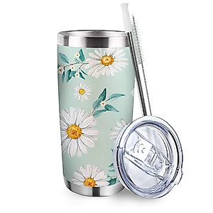 Zzkol Daisy Flowers Tumbler with Lid and Straw, Floral Stainless Steel Travel Coffee Cup, Birthday Mug Gifts for Women Daisy Lovers, 20oz Double Wall Vacuum Insulated Tumbler
