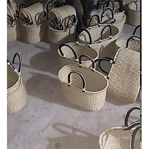 The African Home Goods Ghana Handmade woven Oval Dye Free Picnic shopping Baskets (Natural With Black Handles)
