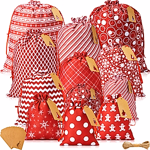 12 Pcs Christmas Fabric Gift Bags with Drawstring, Red and White Christmas Gift Bags Reusable Fabric Bags Gift Wrap Bags and 12 Kraft Tags for Xmas Gift Birthday Wedding Party Favors (Snowflake)