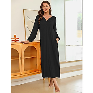 Marvmys Womens Cotton Long Night Gown Long Sleeve Nightshirt Sleepwear with Pockets Black L