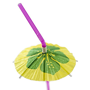 Multicolored Tropical Luau Parasol Hibiscus Print Umbrella Disposable Bendable Drinking Straws for Island Themed Party, Kitchen Supplies, Bars, Restaurants (48 Pack)