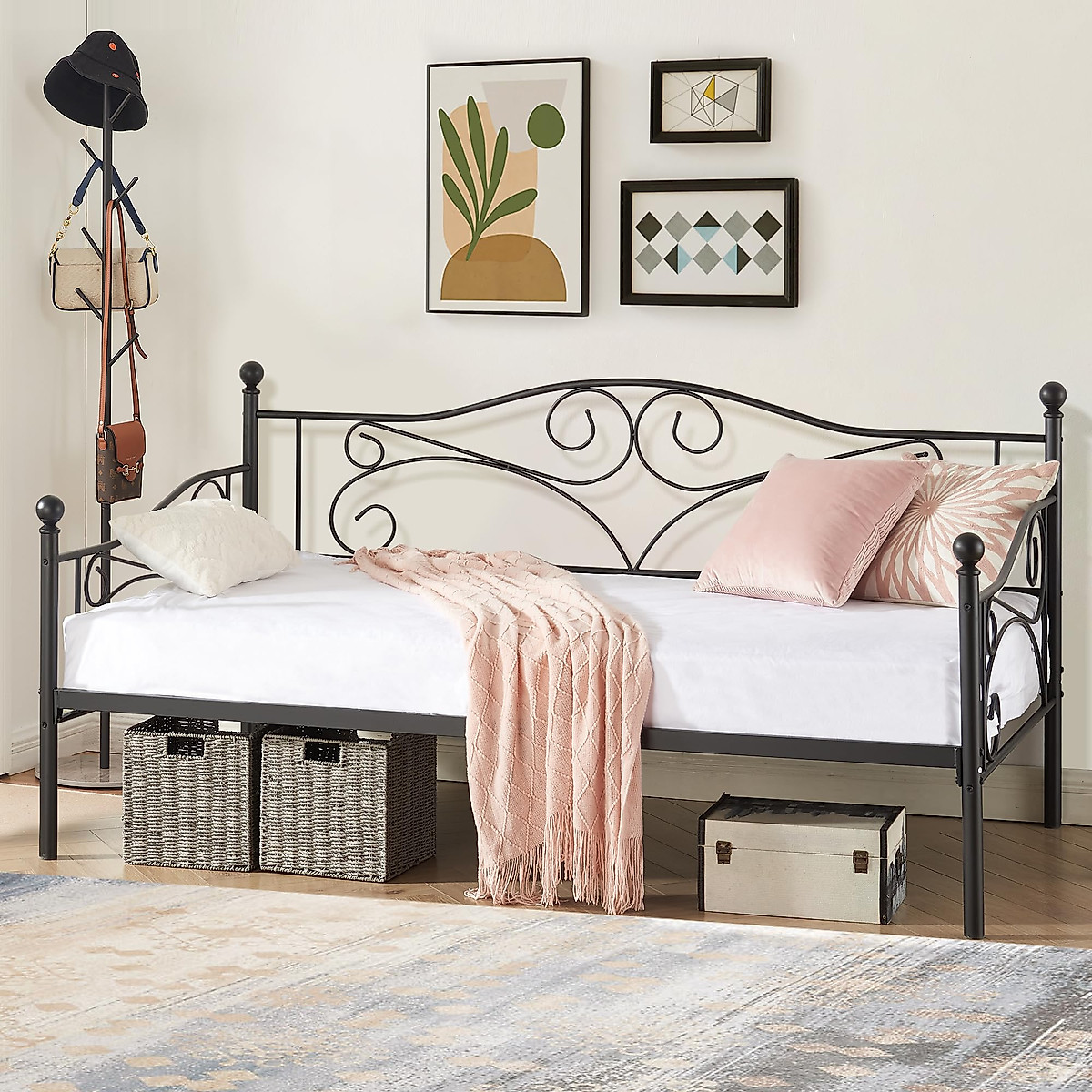 VECELO Daybed Frame, Twin Size Metal Platform Bed with Headboard,Heavy Duty Steel Slats Support for Living Room Bedroom Guest Room, Easy Assembly