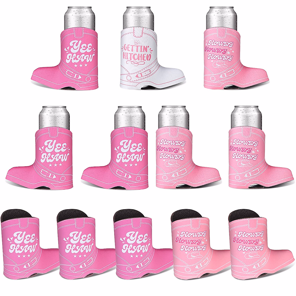 12 Pcs Cowgirl Cowboy Boot Skinny Can Sleeves Cowboy Slim Beverage Sleeves Bachelorette Party Decorations Cowgirl Party Favors Bridal Party Can Coolers Insulated Neoprene Drink Holder (Elegant Style)