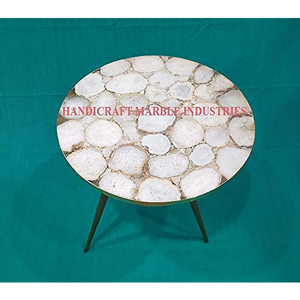 12" Inch Round Natural White Agate Coffee Table with Gold or Silver Foil coated borders with Metal Base, Agate Table, Stone Coffee Table, Agate Table Top, Agate Round Coffee Table