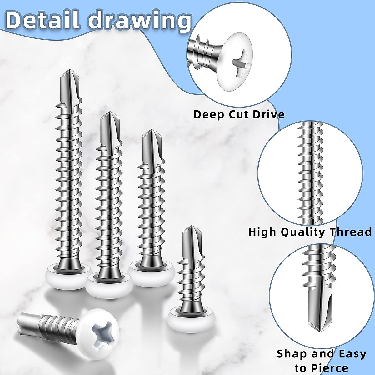 100 Pcs 5 Size #8 White Screws White Wood Screws White Pan Head Screws White Sheet Metal Screws Stainless Steel Screws Wall Plate Fast Self Tapping Screws Thread Truss for Switches Covers Replacement