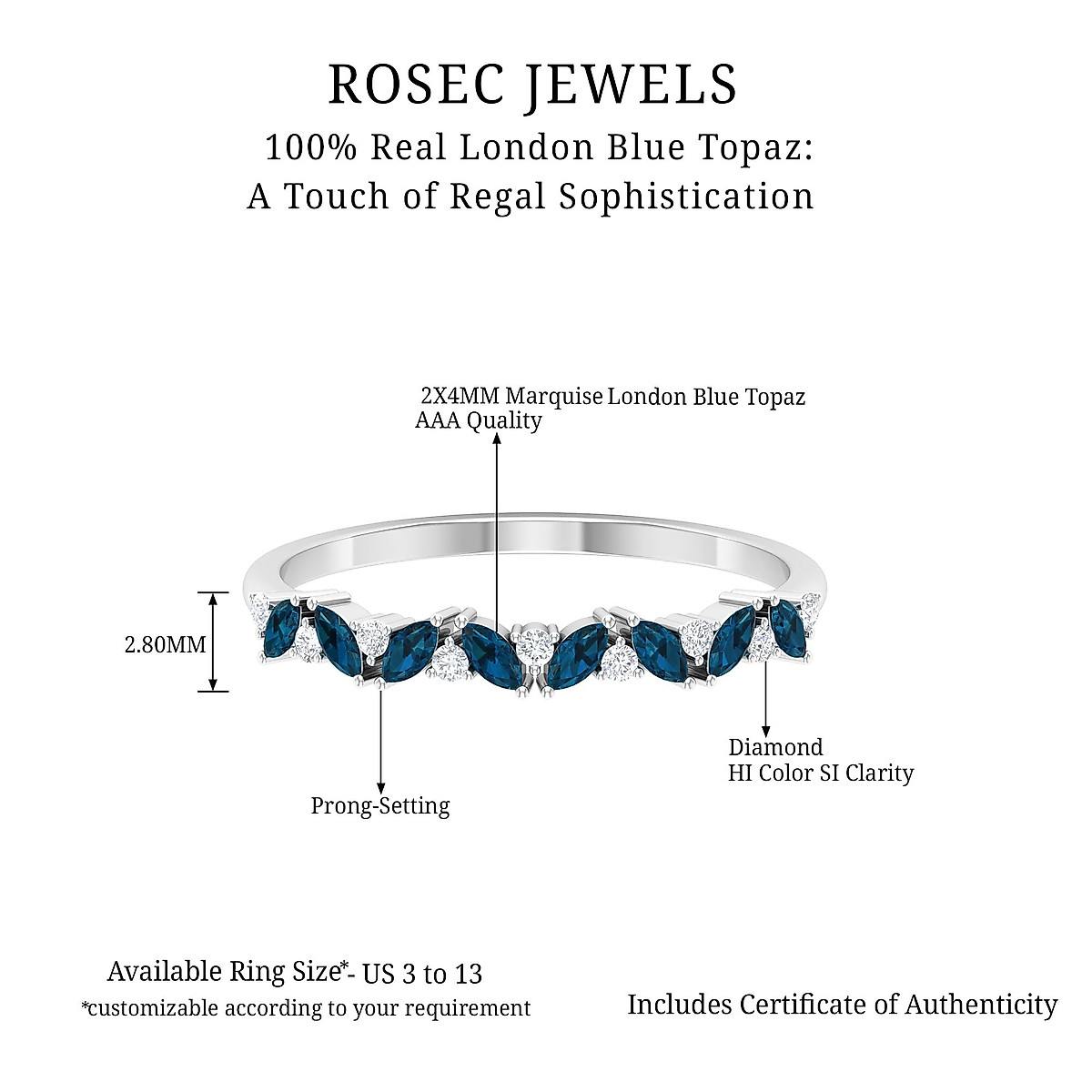 Rosec Jewels London Blue Topaz and Diamond Ring, Alternate Blue Topaz Semi Eternity Ring, 14K White Gold, Size:US 5.50