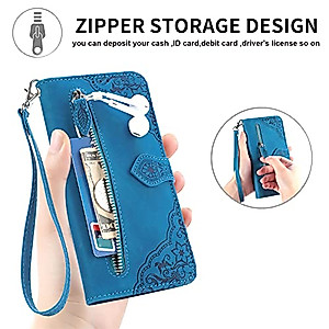 KRHGEIK for iPhone 13 Case for Women,Cute Wallet Case with Zipper Pocket Purse Flower Embossed PU Leather Card Slots Strap Wrist Strap Flip Folio Protective Phone Cover for iPhone 13 (Blue)