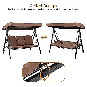 STMHOM 3-Seat Extended Outdoor Swing,Patio Swing Chair with Canopy,Swing Chairs for Outside,Porch Swings Bed Outdoor with Stand,Adjustable Shade, Removable Cushions,Backyard Swing,Garden Swing,Brown
