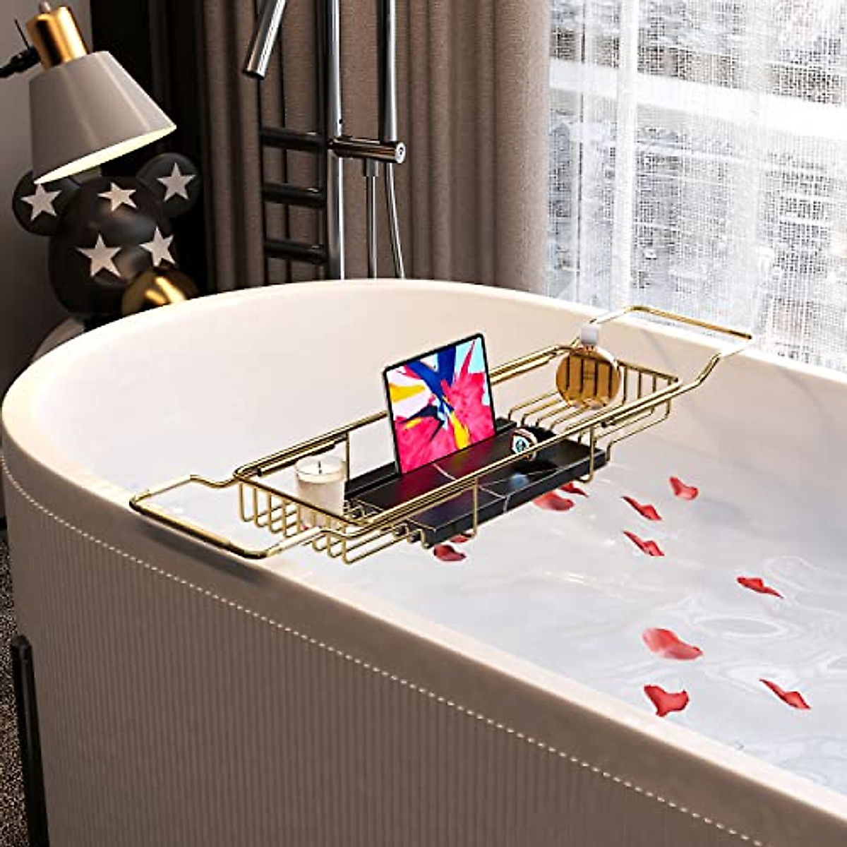 BAWOUA Bathtub Caddy Tray for Luxury Baths, Over Bathtub Racks with Marble(Black), Strong Expandable Chrome Polished Stainless Steel Brackets for Bath (Gold)