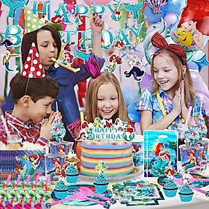 272 PCS Little Mermaid Birthday Party Supplies, Party Decorations, Ariel Birthday Decorations included Happy Birthday Banner, Balloons, Swirls, Invitation Cards, Tableware