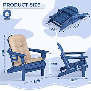 LOENIY Adirondack Chair with Cushion & Cup Holder, HDPE Folding Adirondack Chair with Wood-Like Grain Outdoor Fire Pit Chairs for Patio/Porch/Swimming Pool/Camping (Blue)