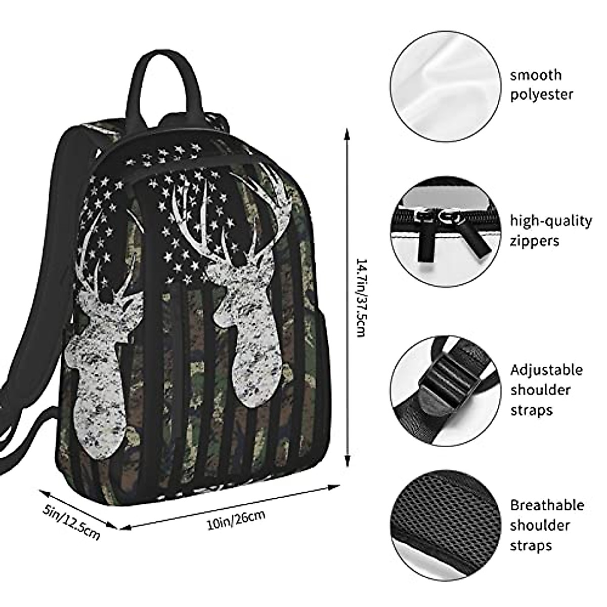 NiYoung Deer Camo Camouflage American Flag Hunting Casual Backpck Big Capacity Anti-Theft Multipurpose Bookbag Backpack Multipurpose Rucksacks for Teenage